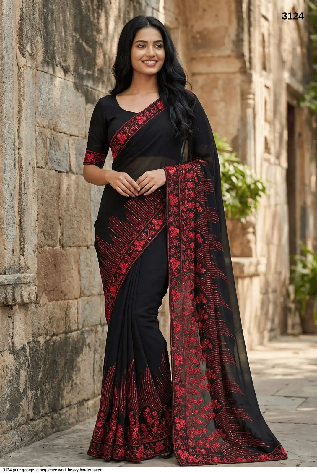 3124 Pure Georgette Sequence Work Heavy Border Saree