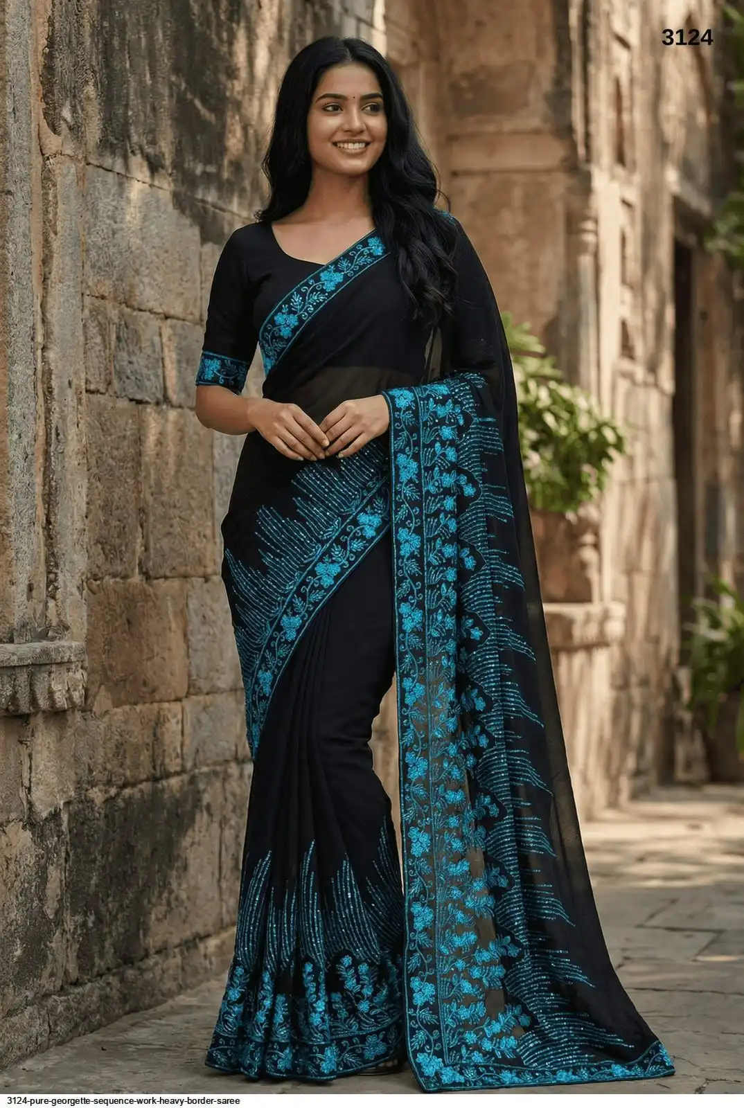 3124 Pure Georgette Sequence Work Heavy Border Saree