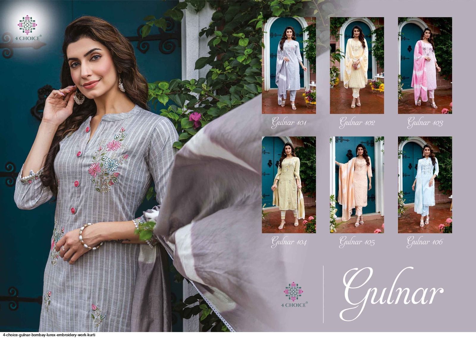 4 CHOICE GULNAR BOMBAY LUREX EMBROIDERY WORK KURTI