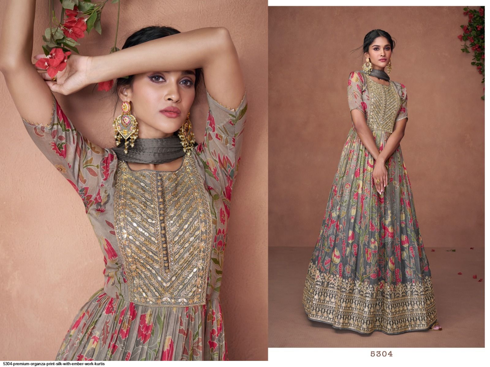 5304 Premium Organza Print Silk with Ember Work Kurtis