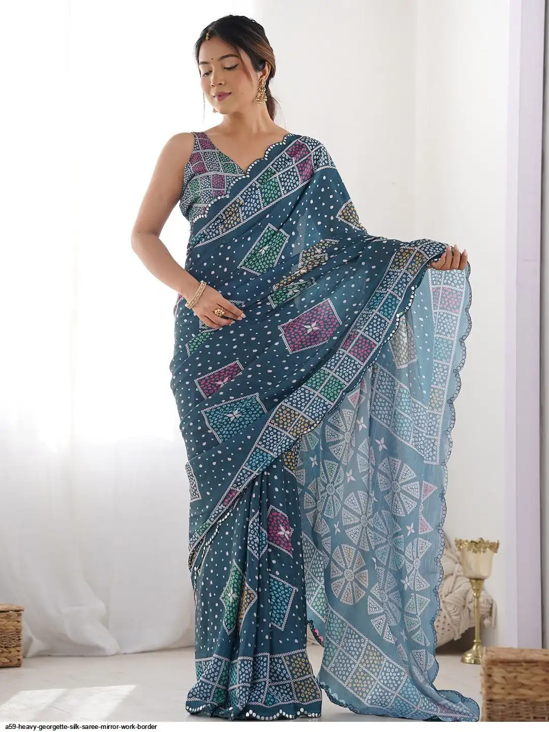 Heavy Georgette Silk, printed pattern with mirror work, and an ...