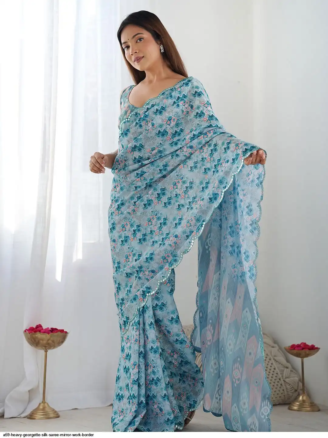 Heavy Georgette Silk, printed pattern with mirror work, and an ...