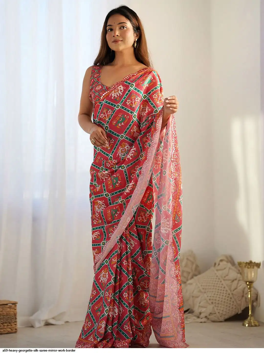 Heavy Georgette Silk, printed pattern with mirror work, and an ...