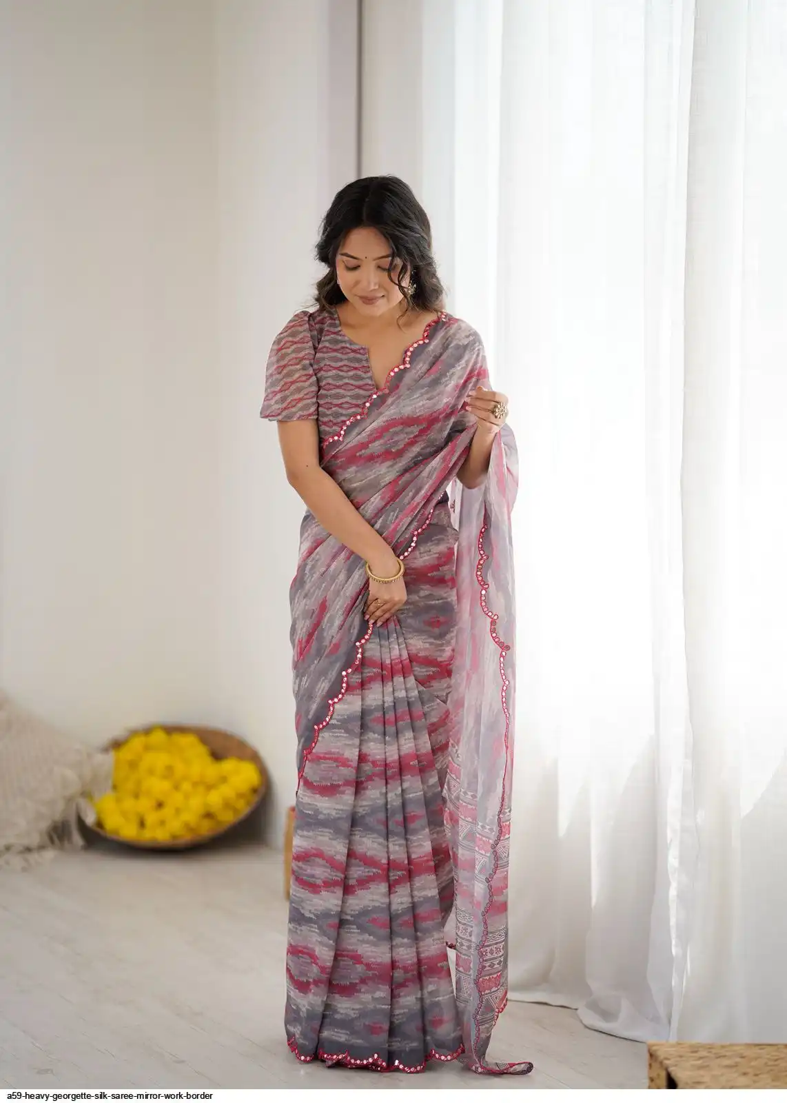 Heavy Georgette Silk, printed pattern with mirror work, and an ...