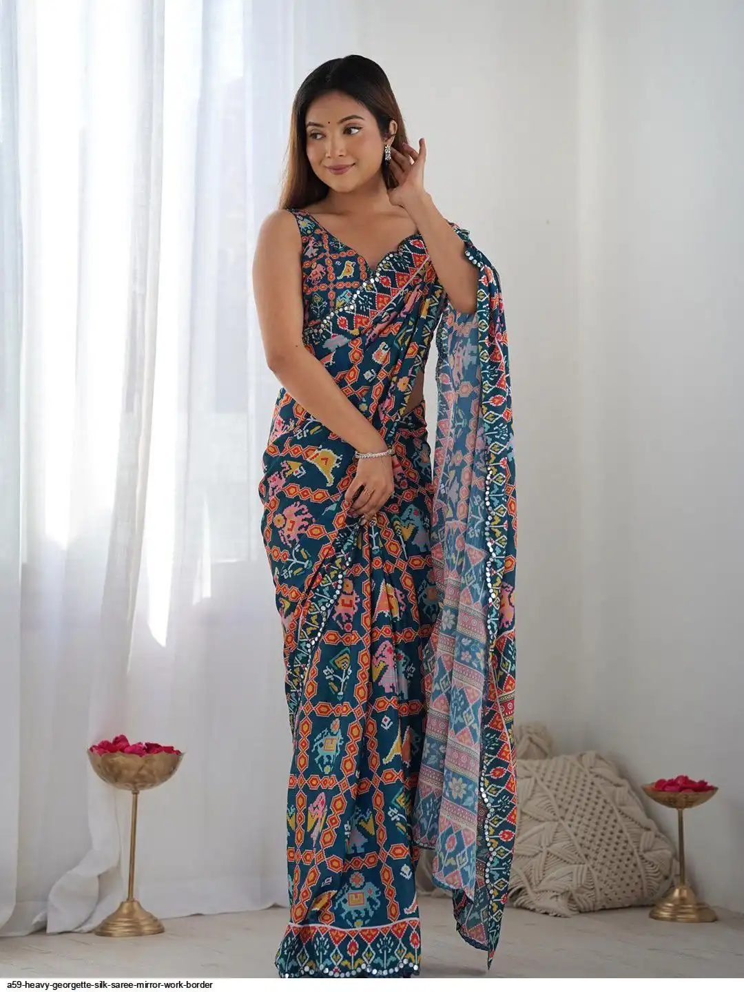 Heavy Georgette Silk, printed pattern with mirror work, and an ...