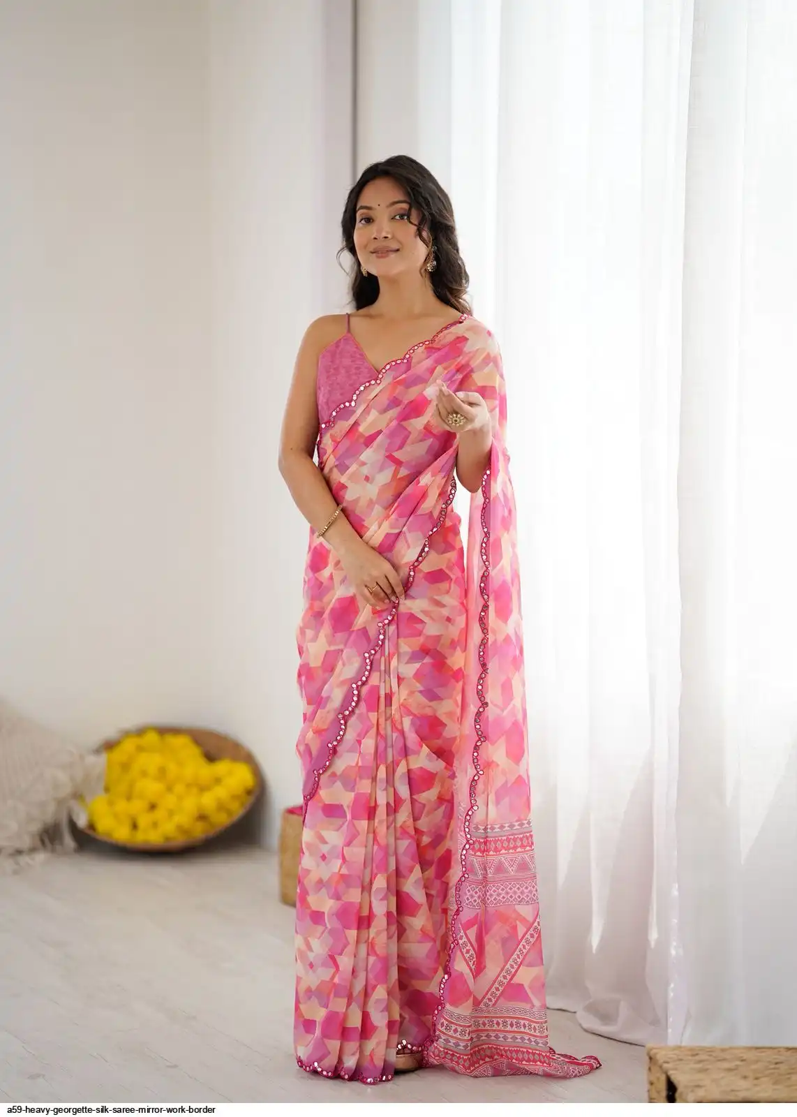 Heavy Georgette Silk, printed pattern with mirror work, and an ...