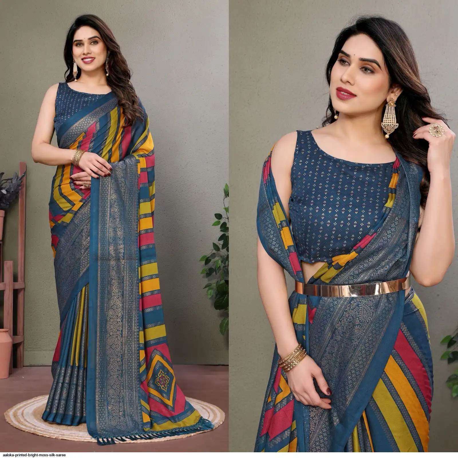 AALOKA Printed Bright Moss Silk Saree with Foil Work - Wholesale