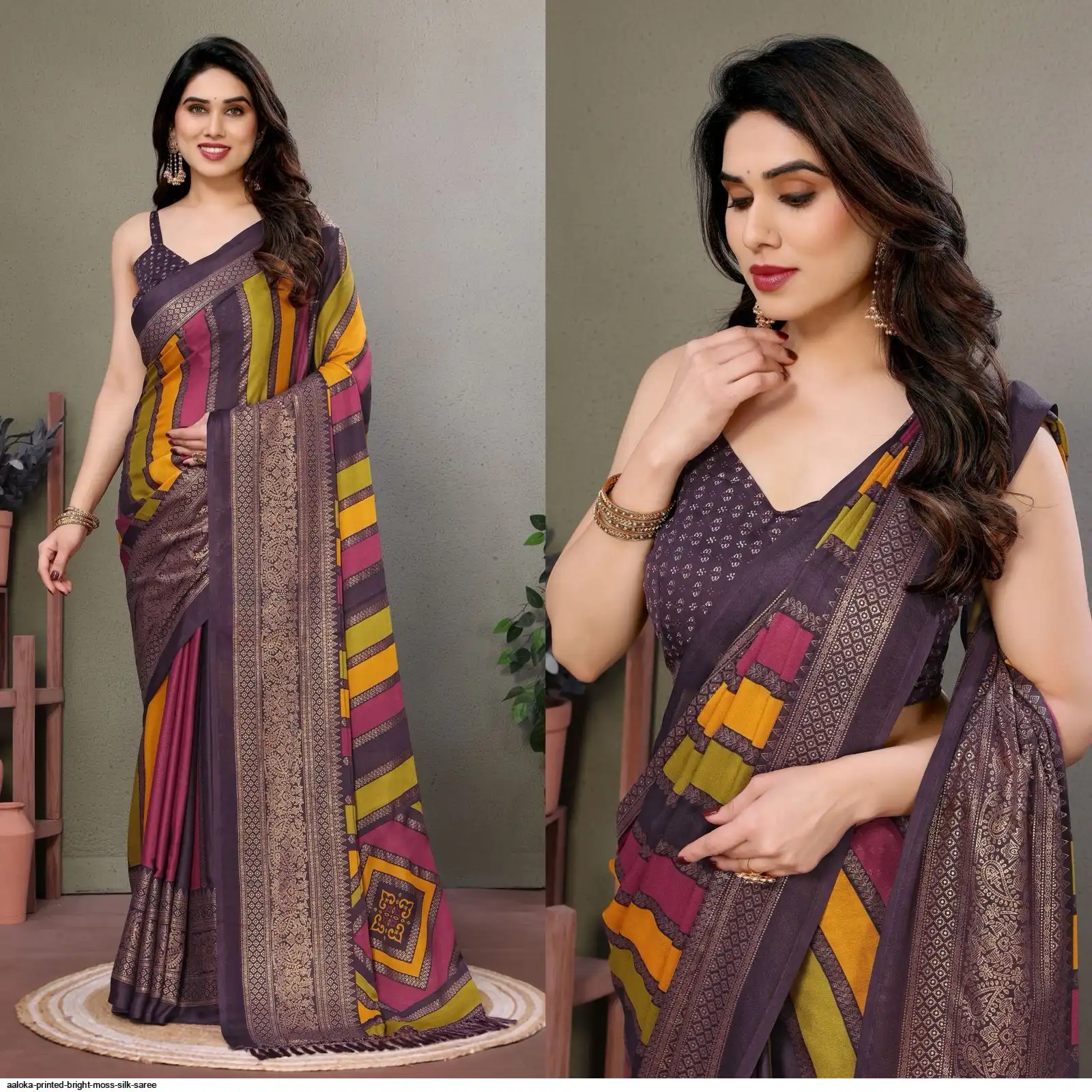 AALOKA Printed Bright Moss Silk Saree with Foil Work - Wholesale