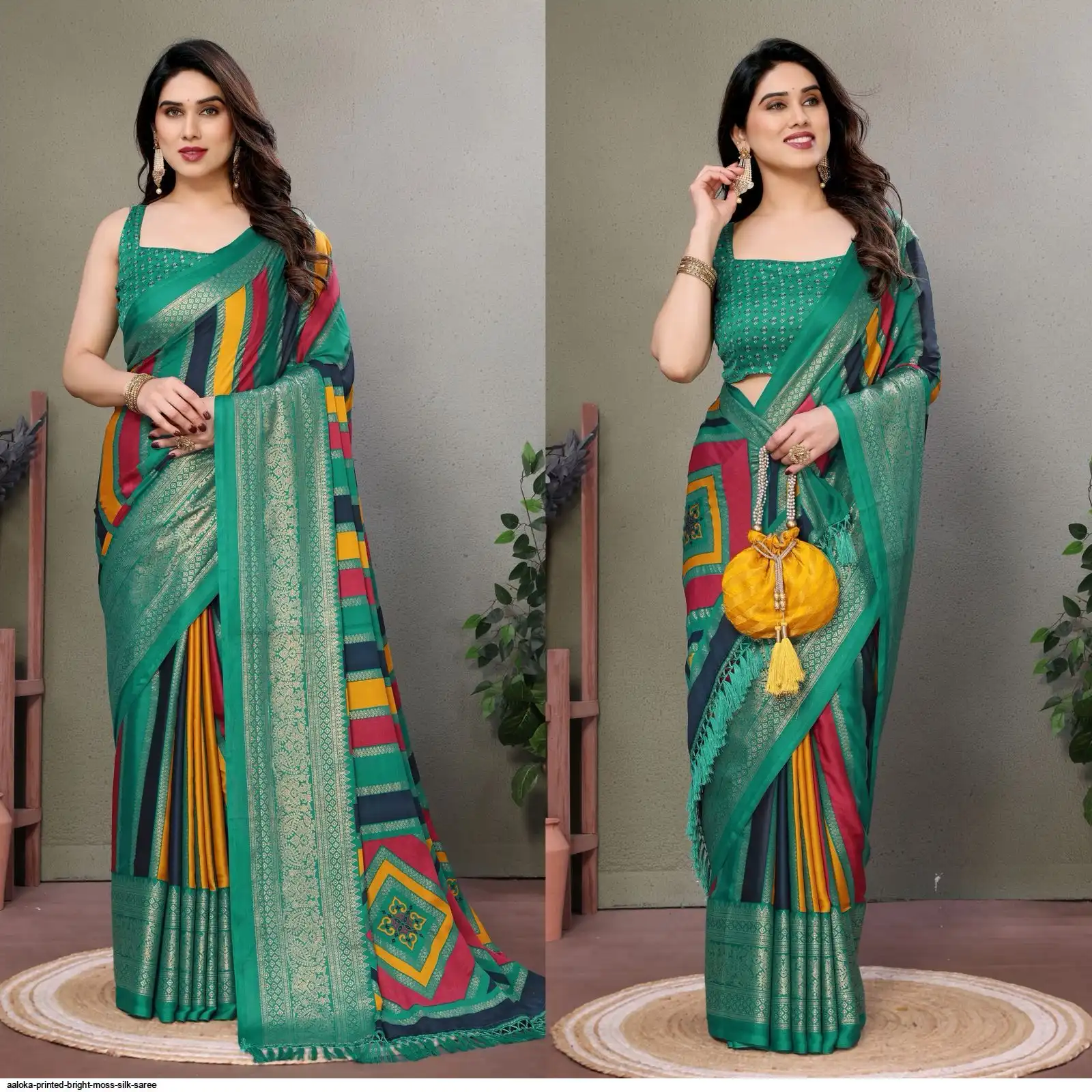 AALOKA Printed Bright Moss Silk Saree with Foil Work - Wholesale