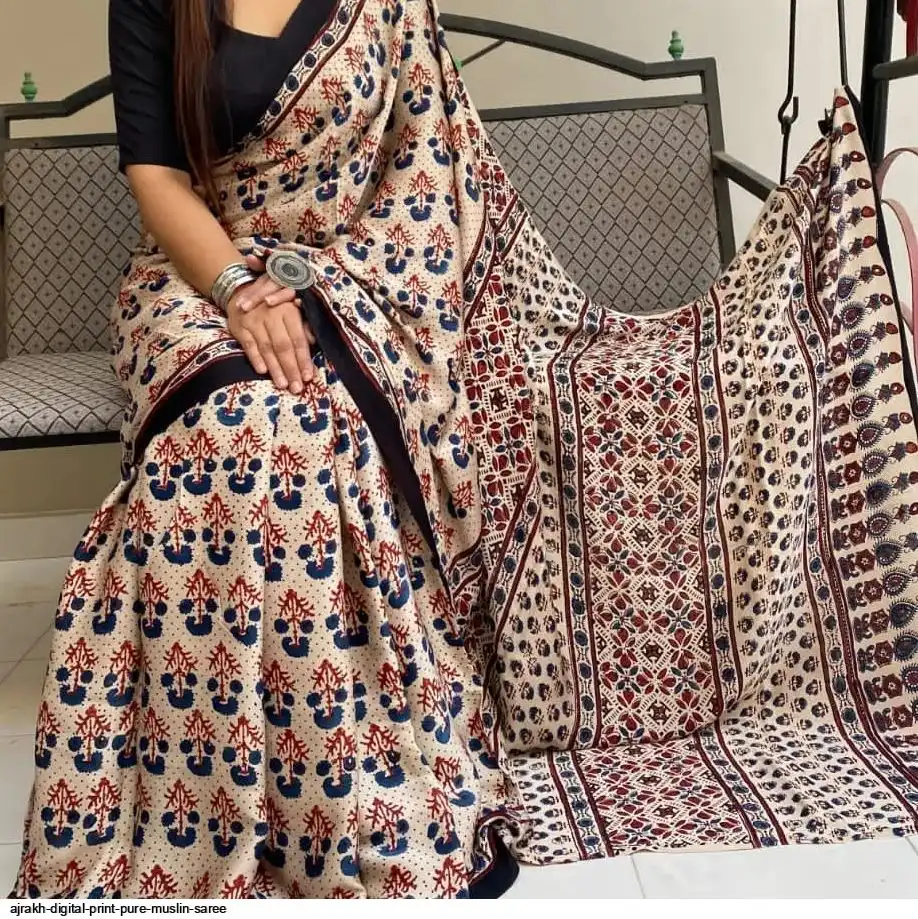 Ajrakh Digital Print pure Muslin Saree