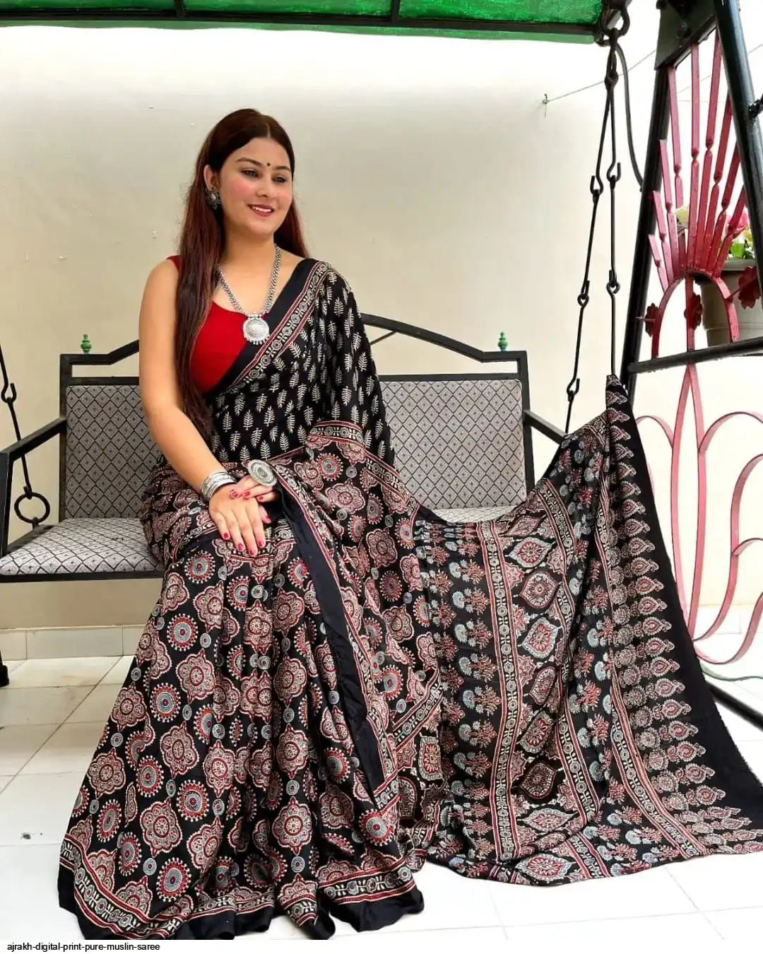 Ajrakh Digital Print pure Muslin Saree