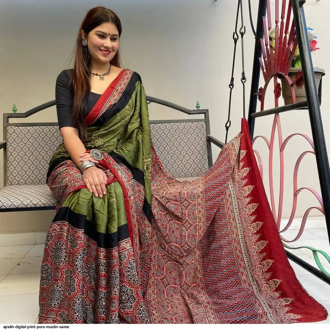 Ajrakh Digital Print pure Muslin Saree