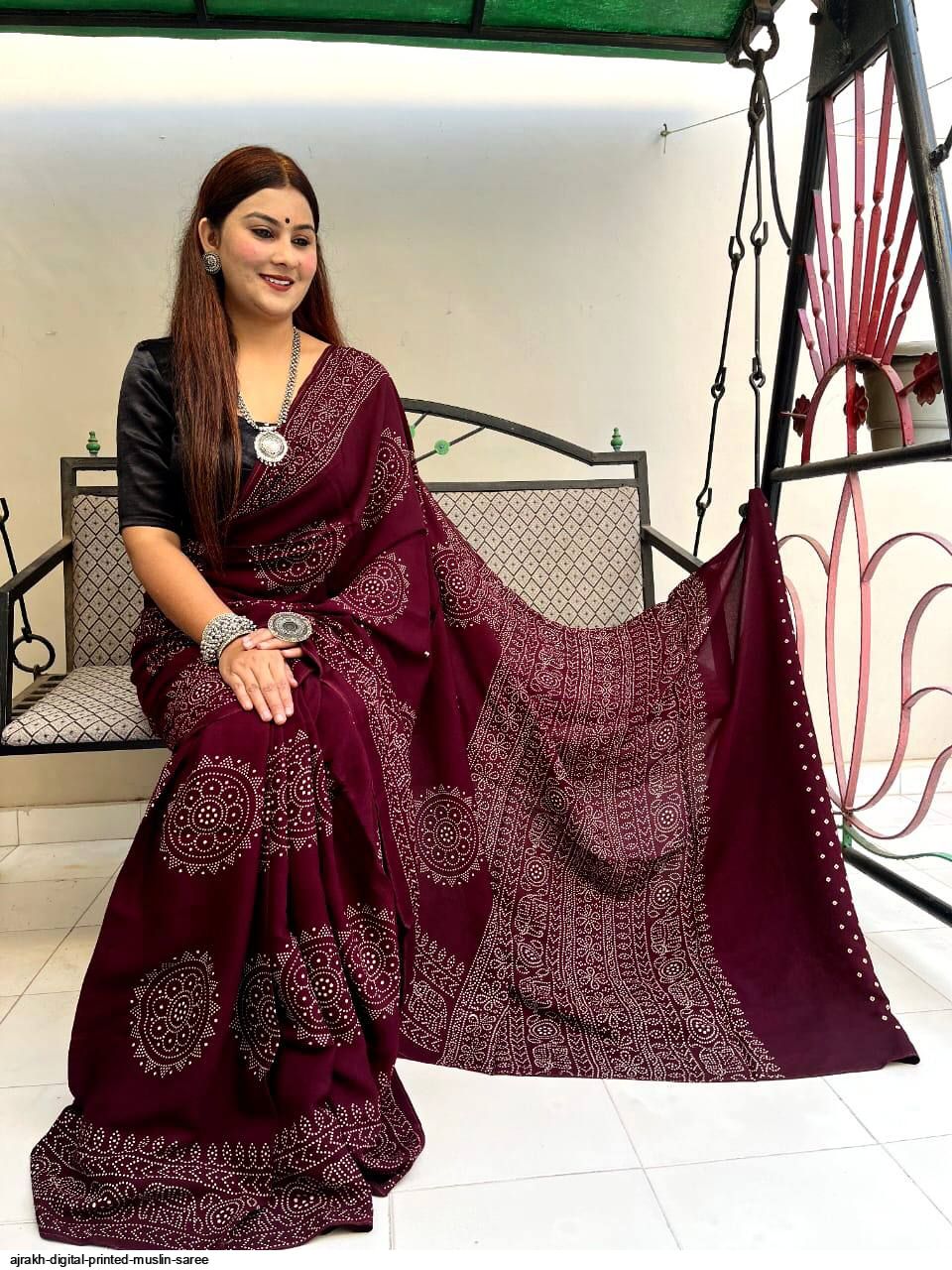 Ajrakh Digital Printed Muslin SAREE