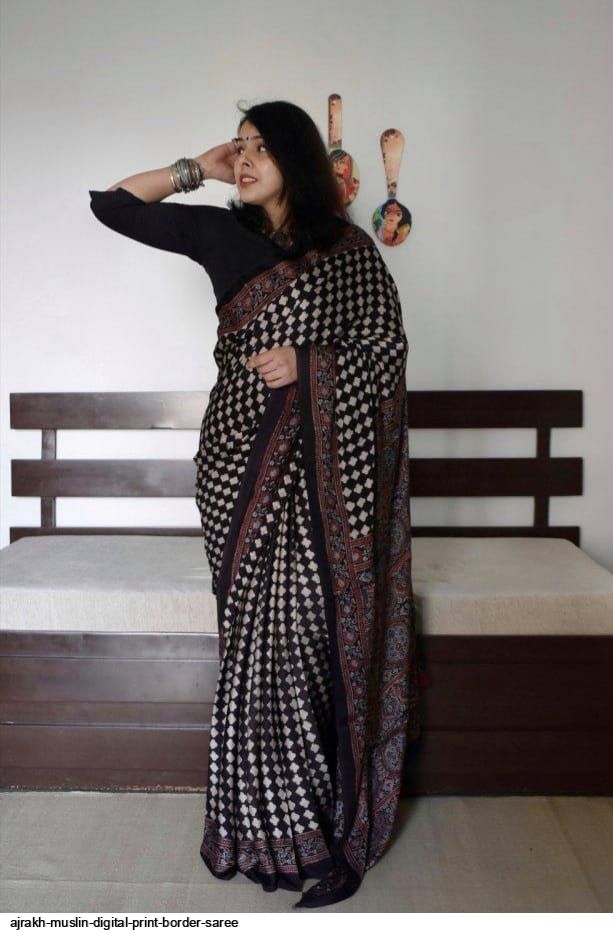 Ajrakh Muslin Digital Print BORDER SAREE