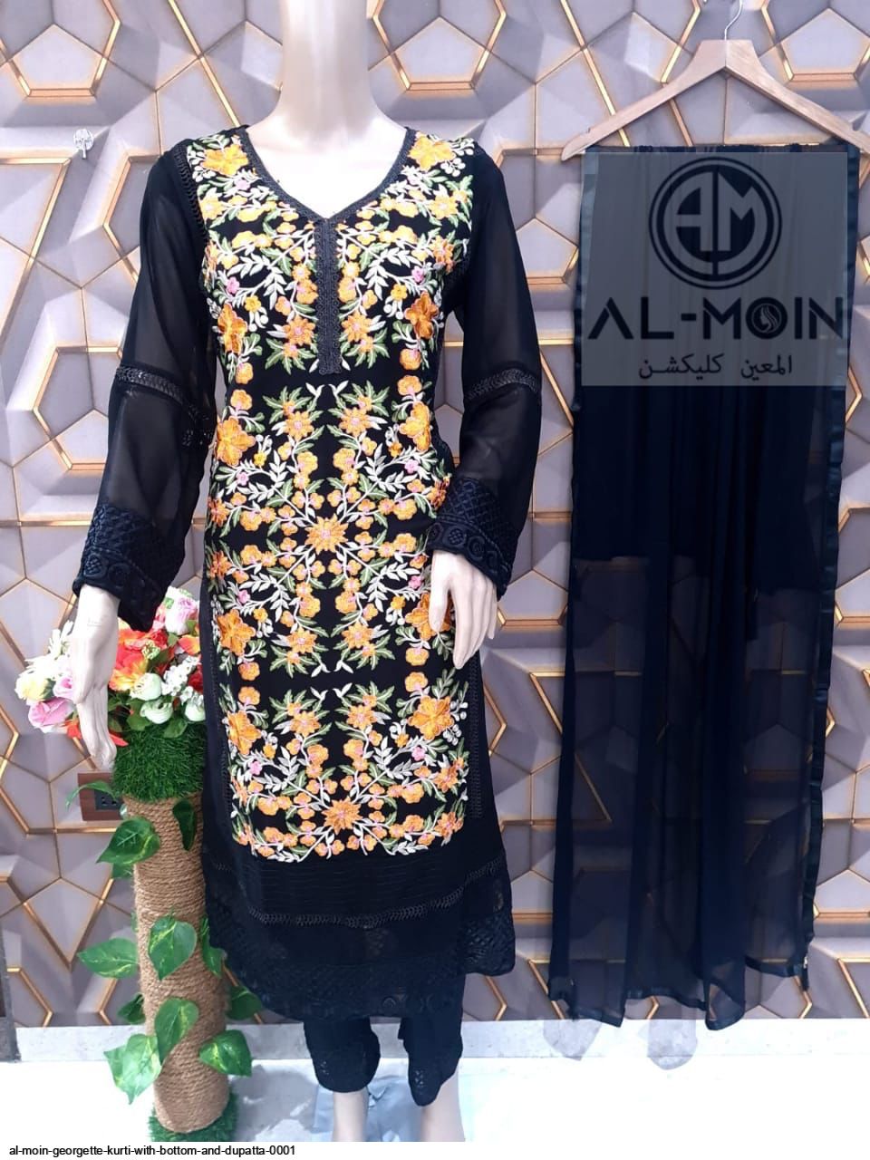 AL MOIN Georgette kurti with bottom and dupatta 0001