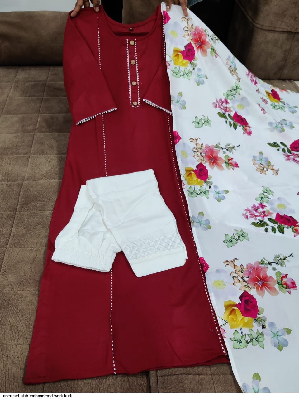 ANERI SET SLUB embroidered work KURTI