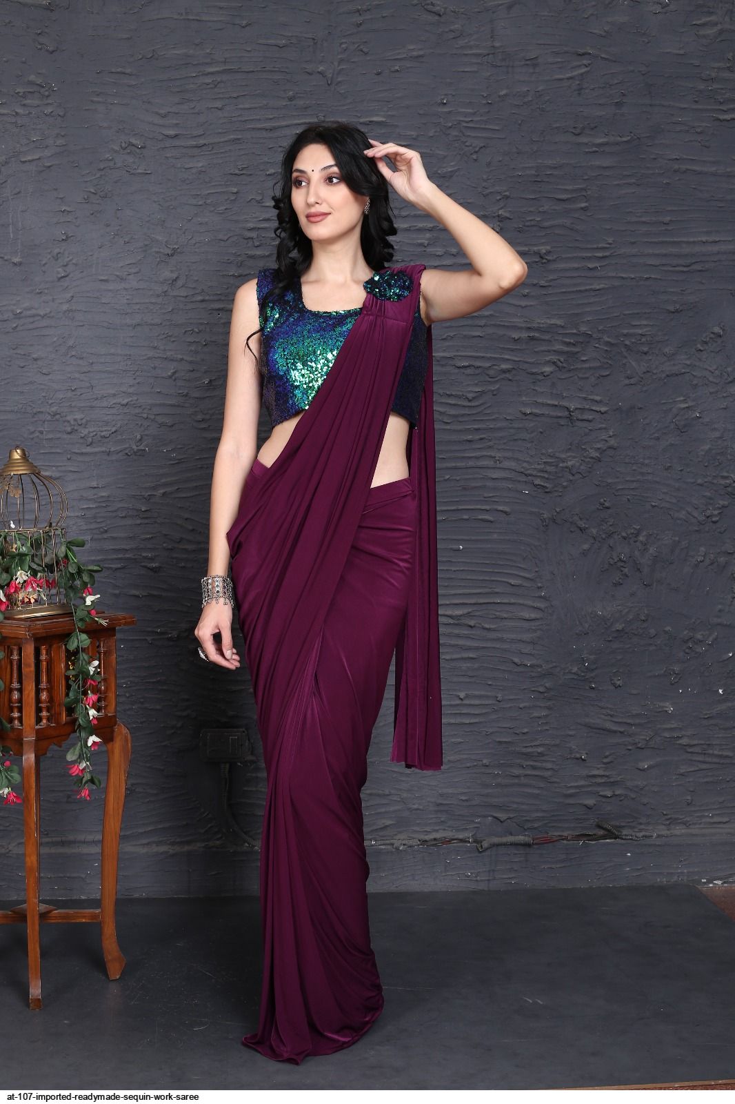 AT 107 IMPORTED READYMADE SEQUIN WORK SAREE