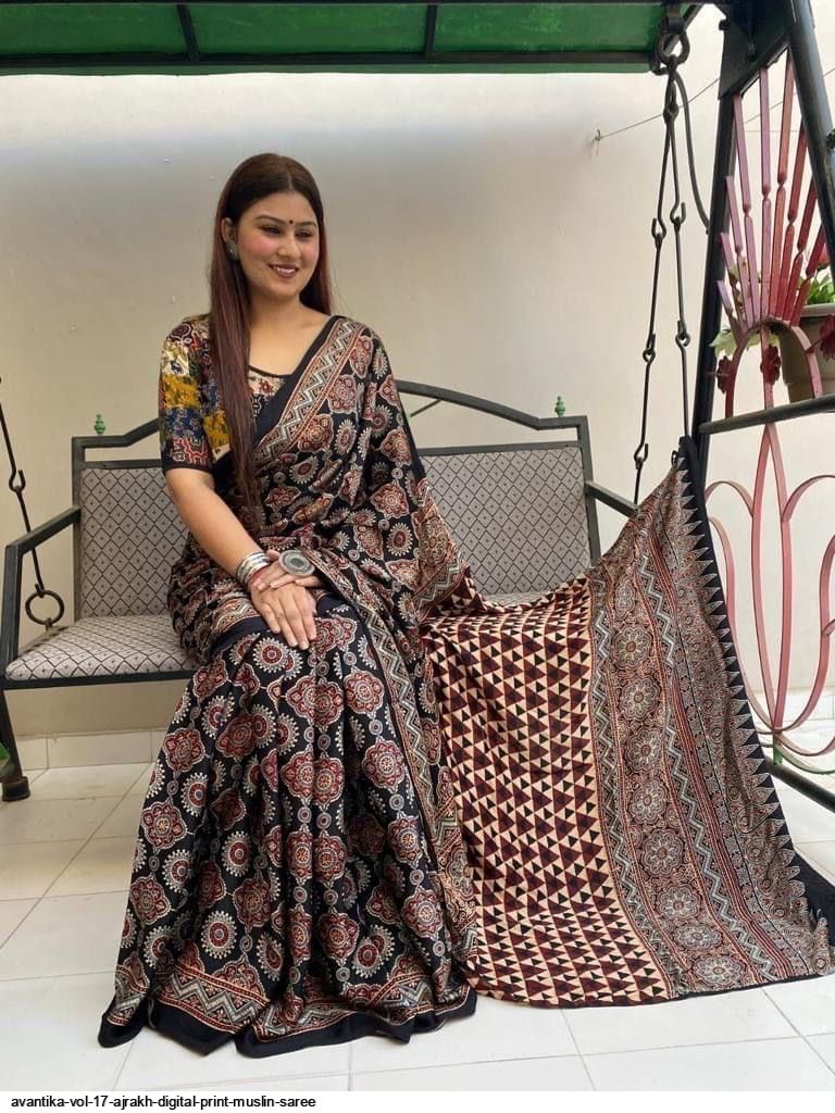 AVANTIKA VOL 17 Ajrakh Digital Print Muslin SAREE