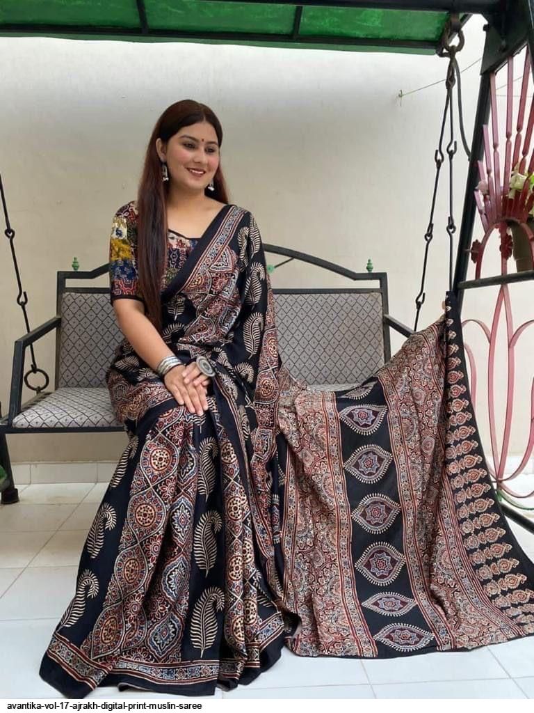 AVANTIKA VOL 17 Ajrakh Digital Print Muslin SAREE