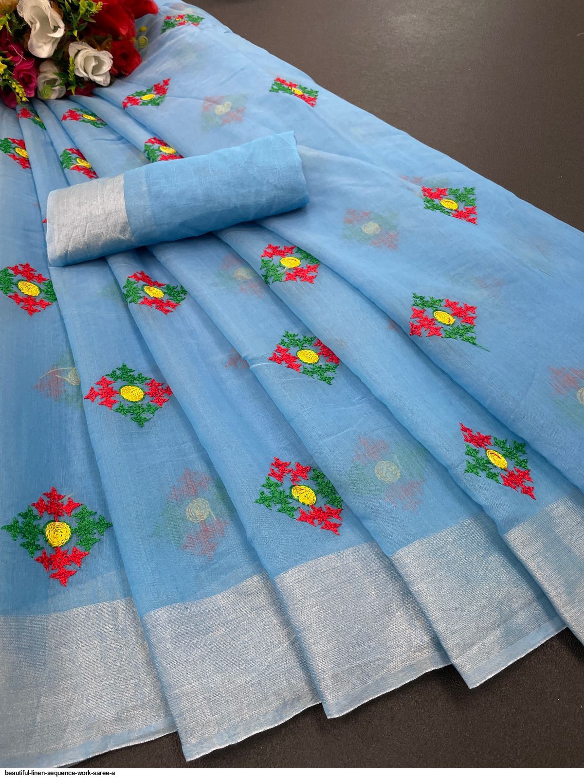 beautiful linen sequence work saree a