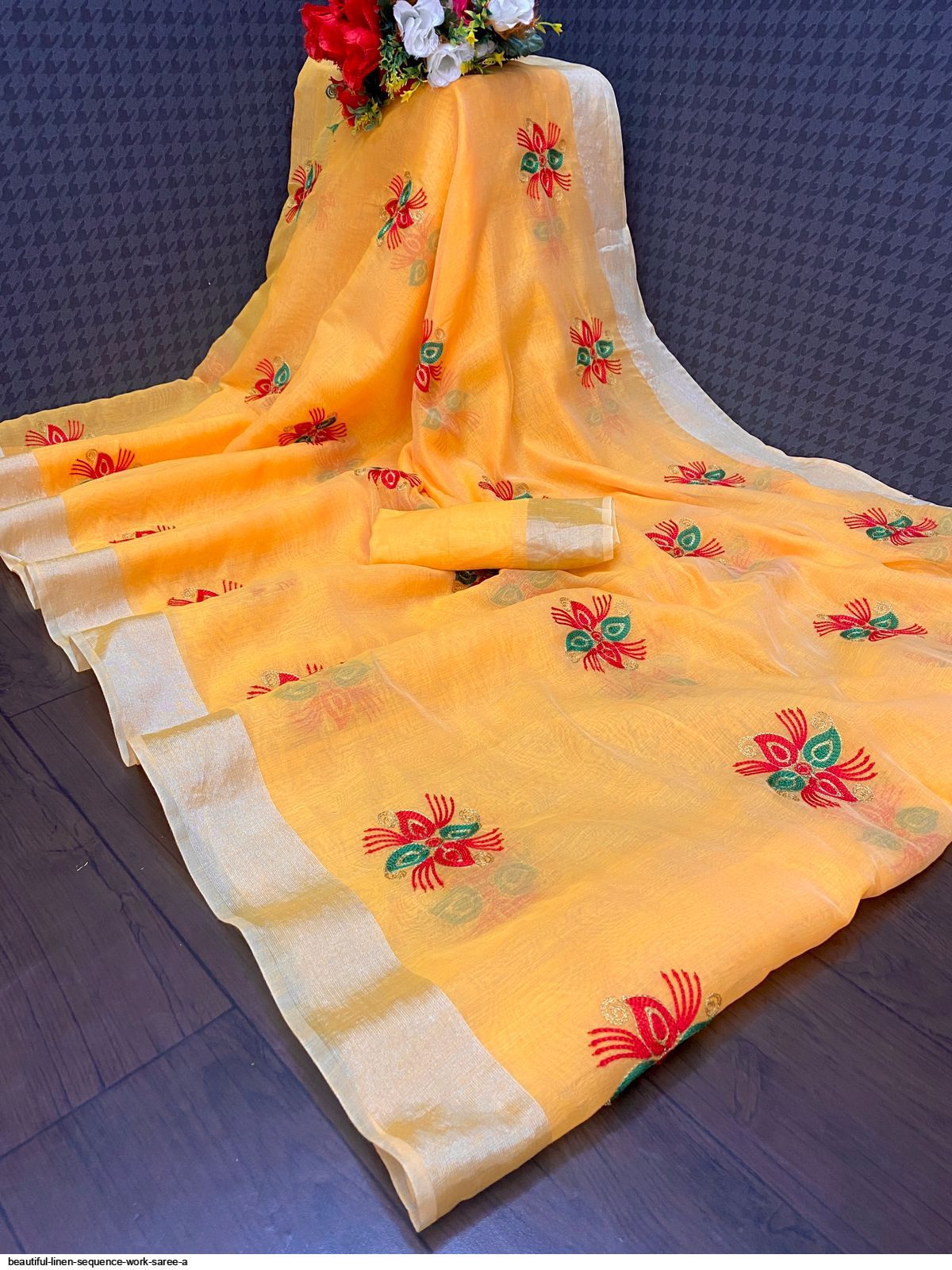beautiful linen sequence work saree a