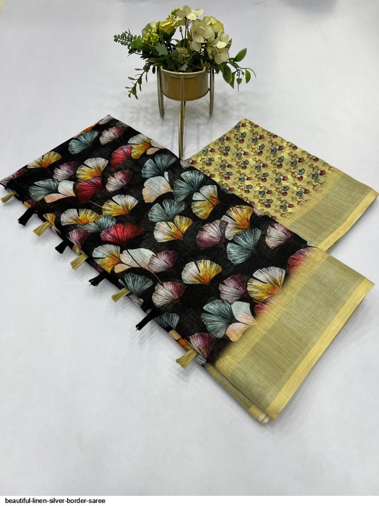 BEAUTIFUL LINEN SILVER BORDER SAREE