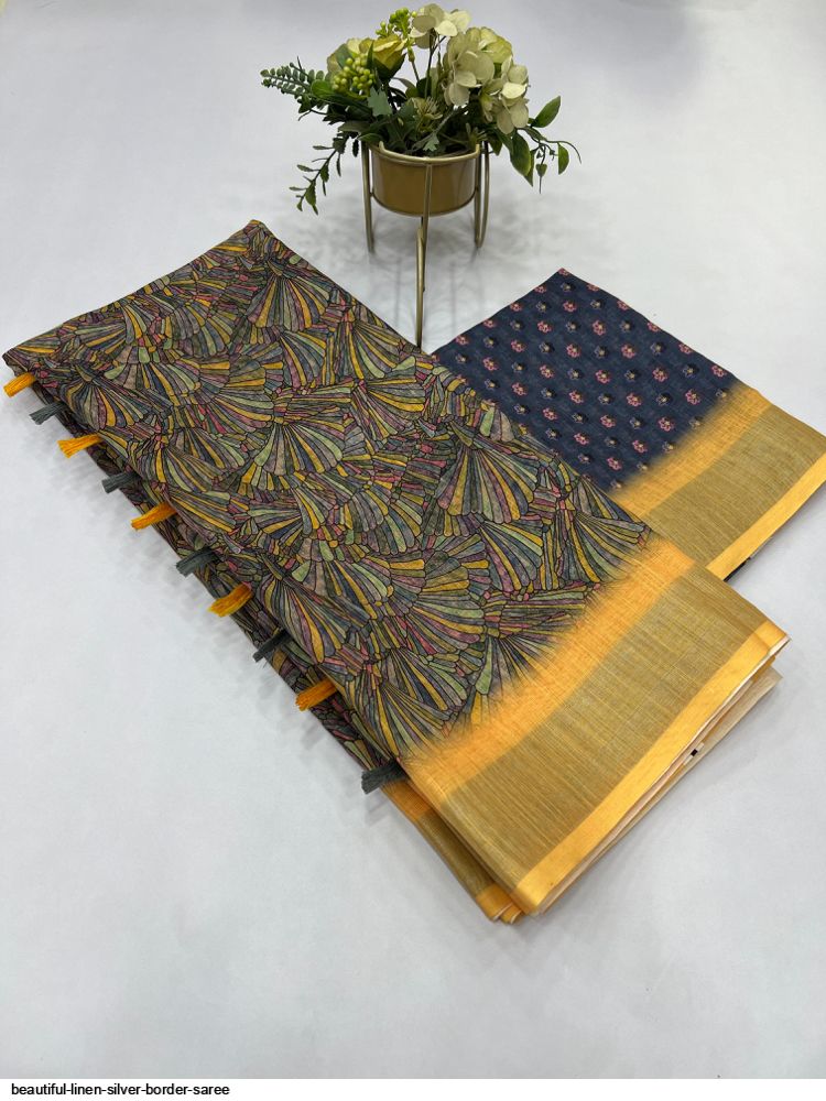 BEAUTIFUL LINEN SILVER BORDER SAREE