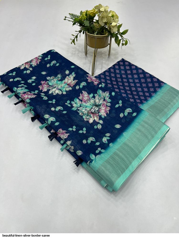 BEAUTIFUL LINEN SILVER BORDER SAREE