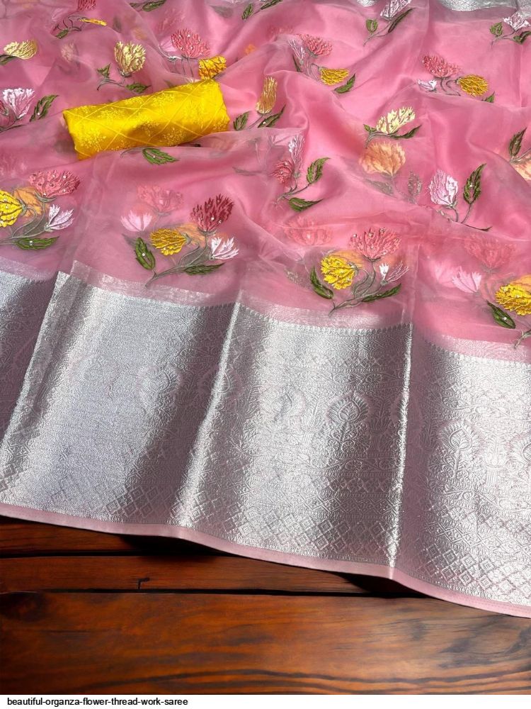 BEAUTIFUL ORGANZA FLOWER THREAD WORK SAREE