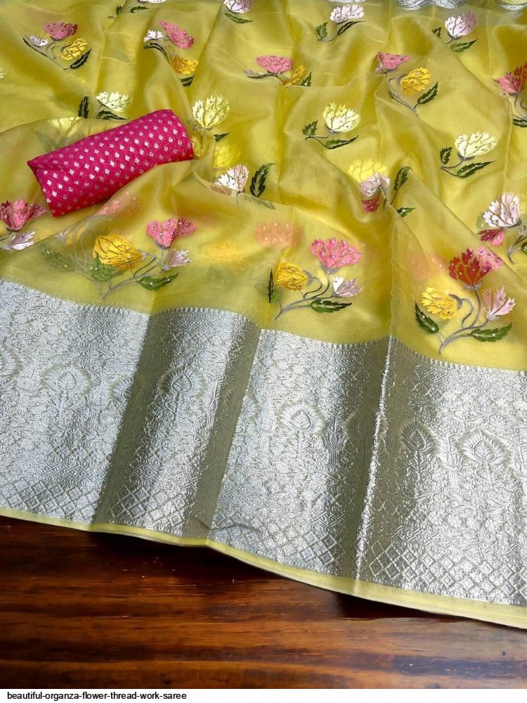 BEAUTIFUL ORGANZA FLOWER THREAD WORK SAREE