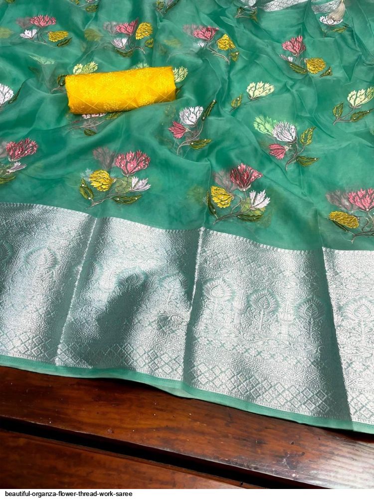BEAUTIFUL ORGANZA FLOWER THREAD WORK SAREE