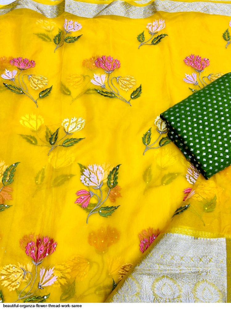 BEAUTIFUL ORGANZA FLOWER THREAD WORK SAREE