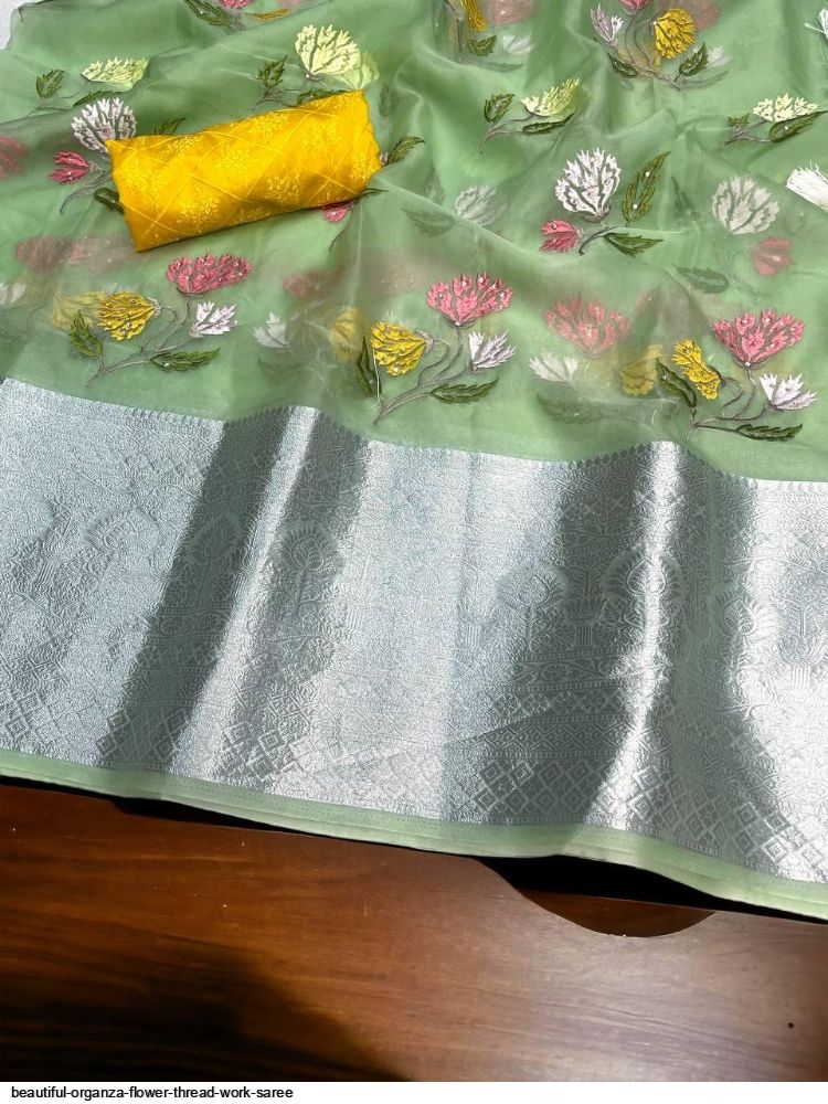 BEAUTIFUL ORGANZA FLOWER THREAD WORK SAREE