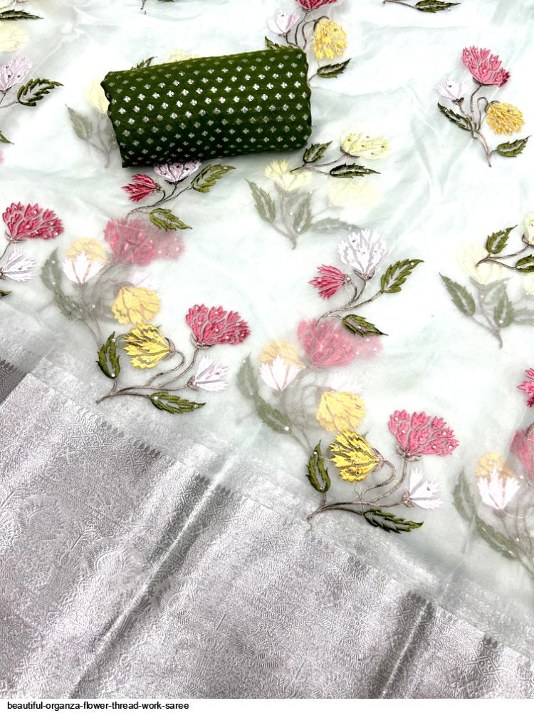 BEAUTIFUL ORGANZA FLOWER THREAD WORK SAREE