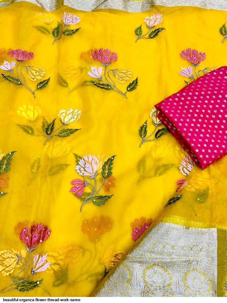 BEAUTIFUL ORGANZA FLOWER THREAD WORK SAREE