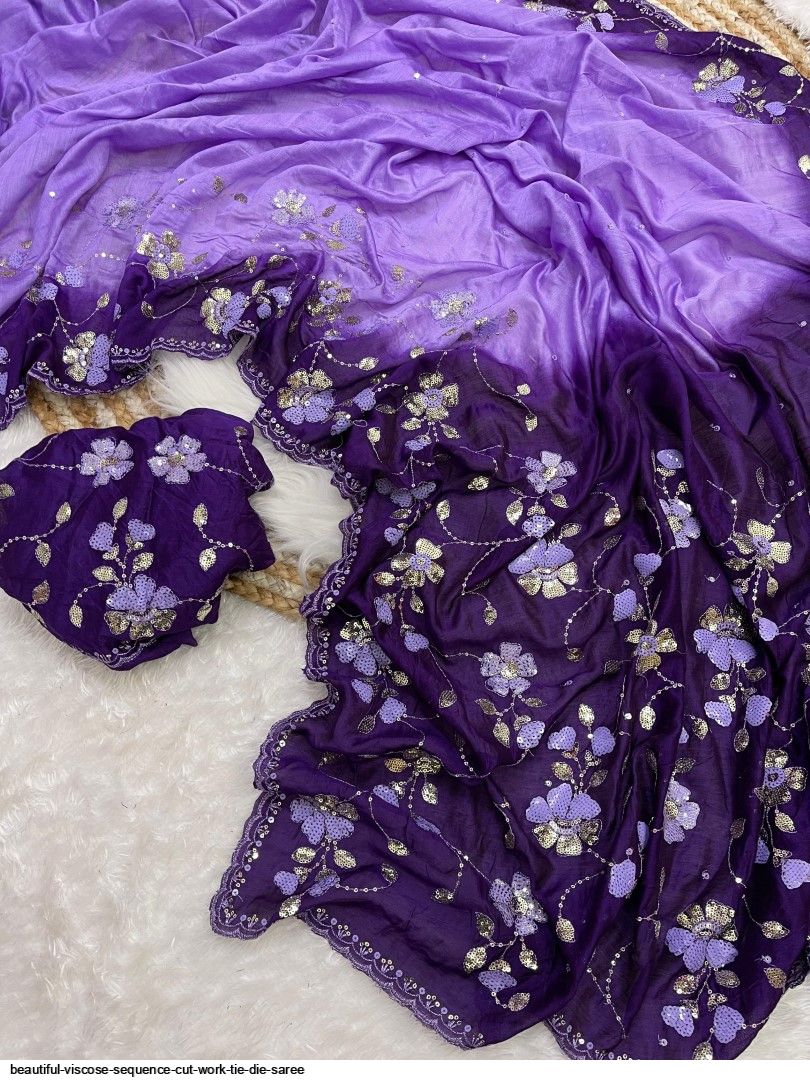 Beautiful Viscose Sequence Cut Work Tie Die Saree