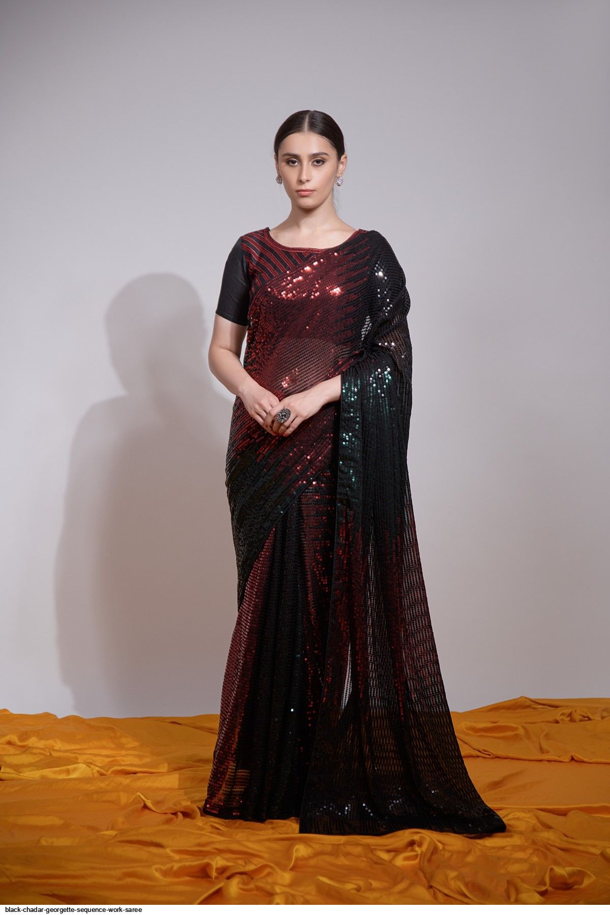 BLACK CHADAR GEORGETTE SEQUENCE WORK SAREE