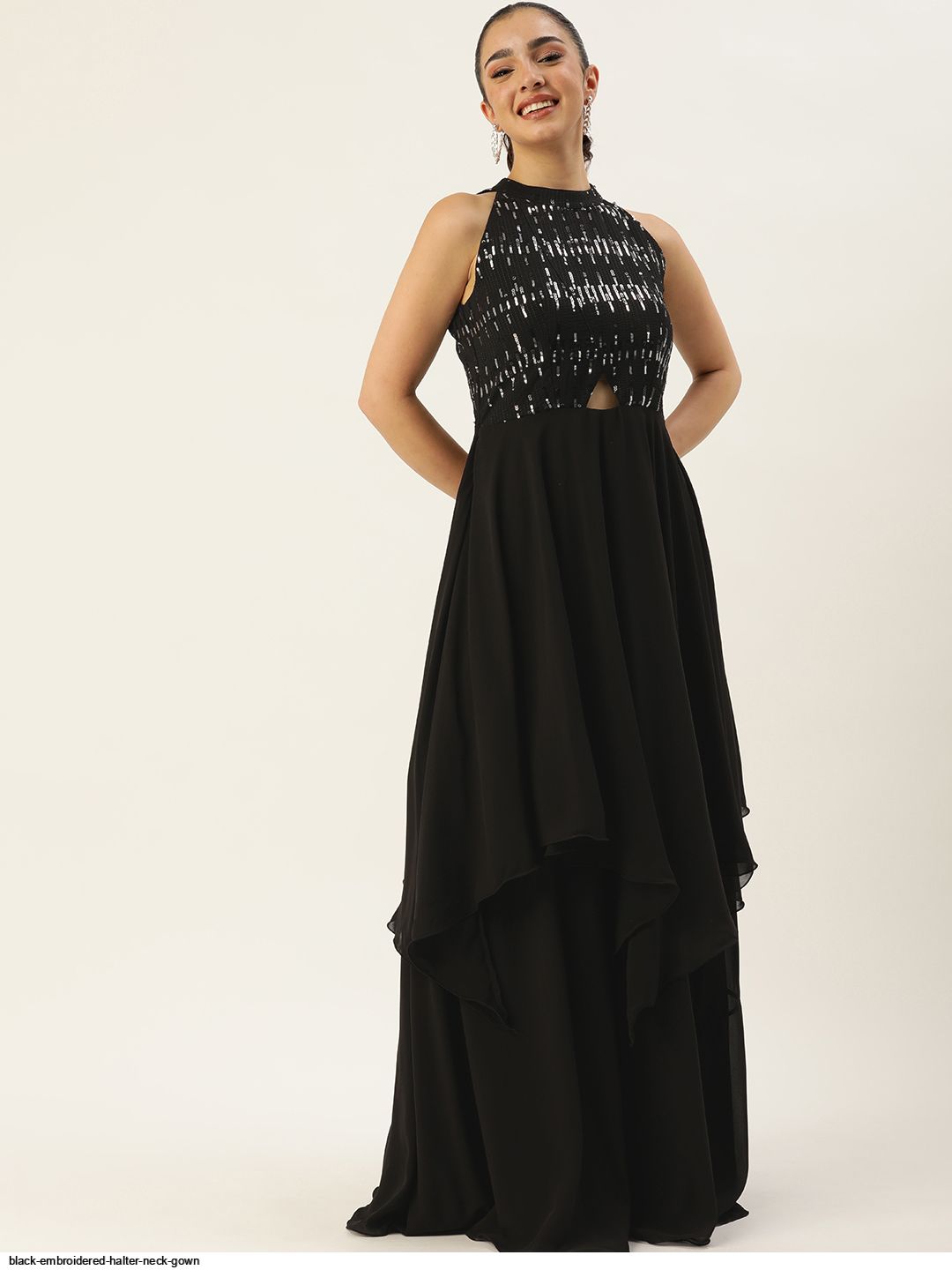 Black Embroidered Halter Neck Gown