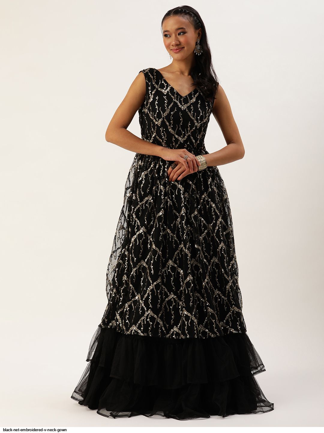 Black Net Embroidered V Neck Gown
