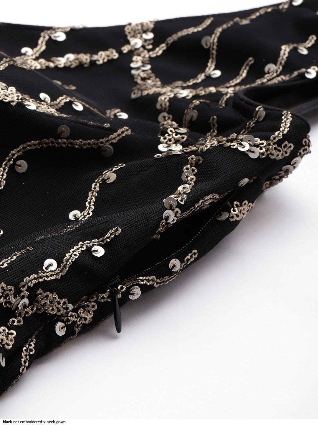 Black Net Embroidered V Neck Gown