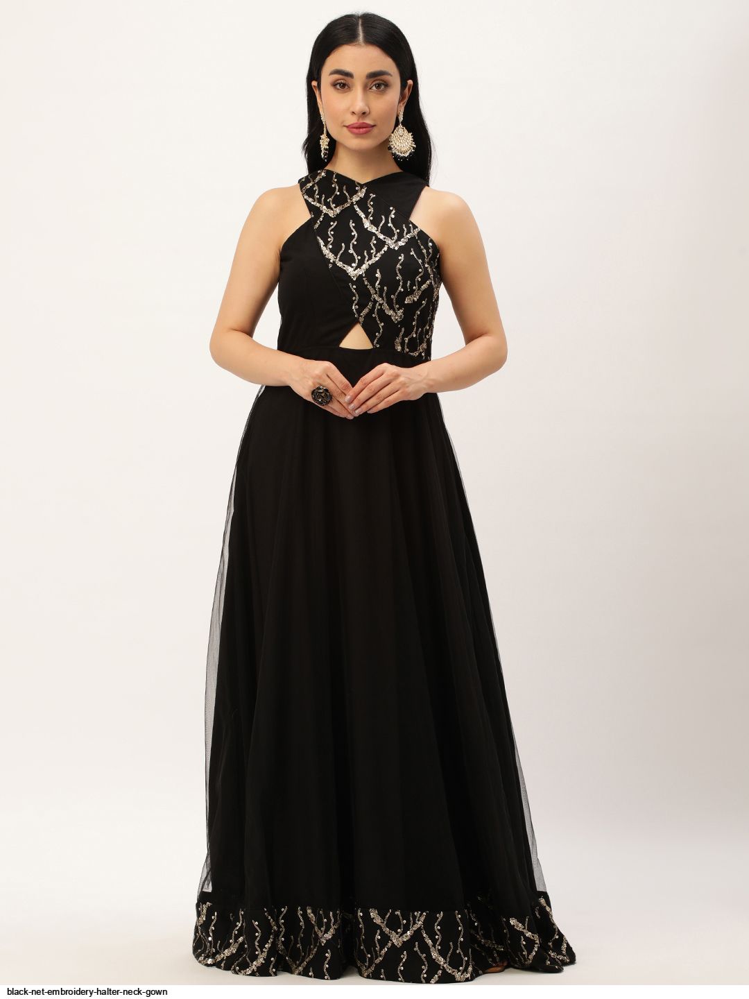 Black Net Embroidery Halter Neck Gown