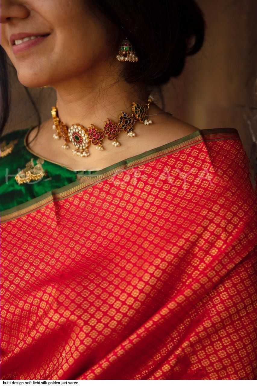 butti Design soft lichi silk golden jari saree