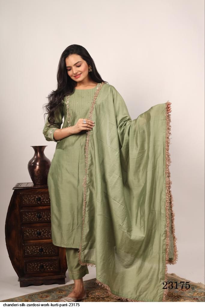 CHANDERI SILK ZARDOSI WORK KURTI PANT 23175