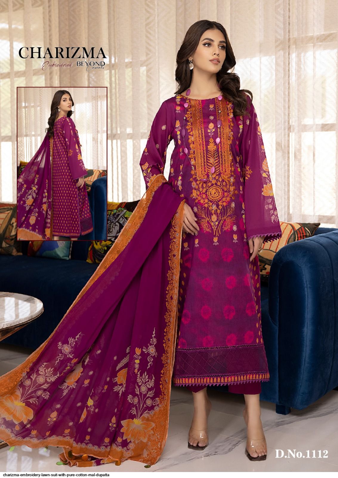 Charizma Embroidery Lawn Suit with Pure Cotton Mal Dupatta