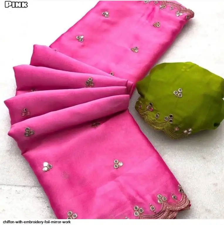 Chiffon with embroidery foil mirror work