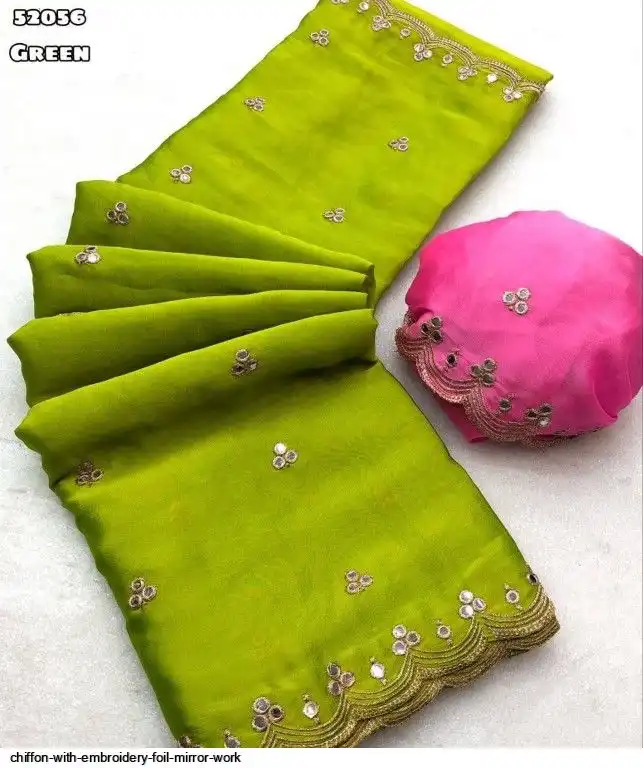 Chiffon with embroidery foil mirror work