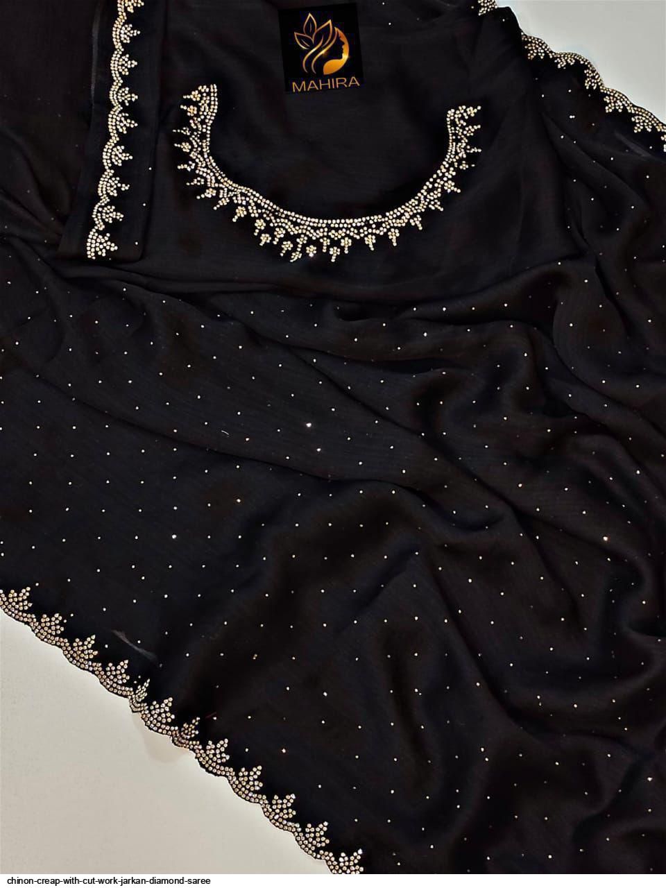 Chinon Creap With Cut Work Jarkan diamond saree