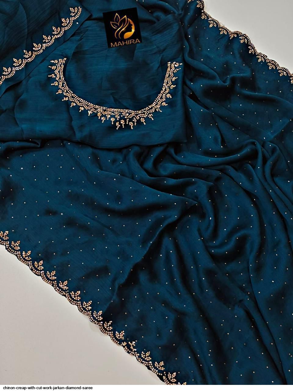 Chinon Creap With Cut Work Jarkan diamond saree