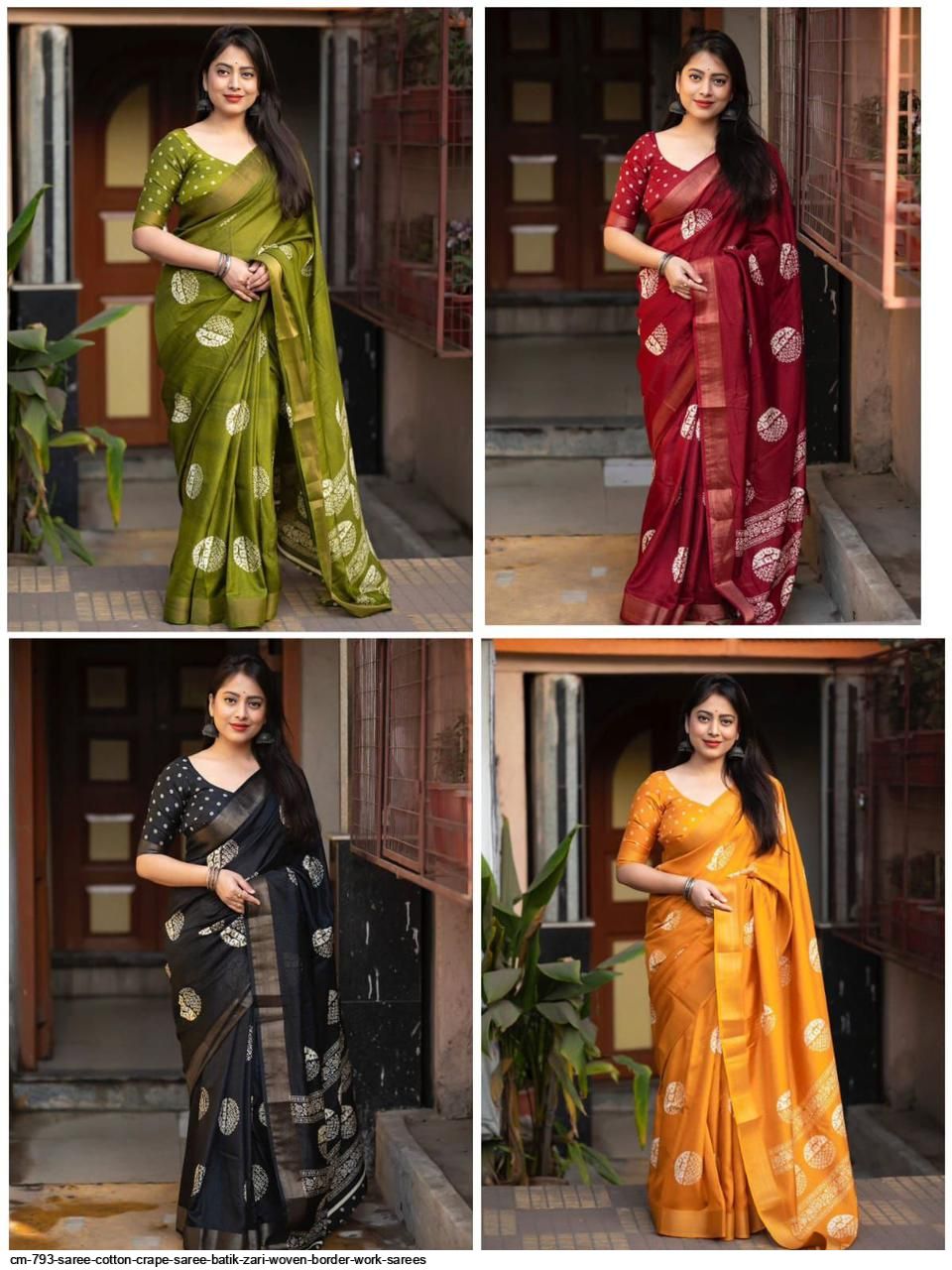 CM-793 Saree cotton Crape saree Batik zari woven border work sarees
