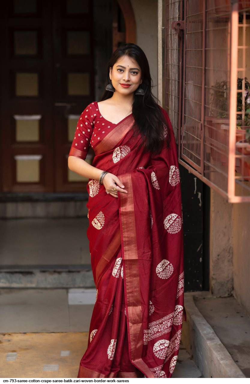 CM-793 Saree cotton Crape saree Batik zari woven border work sarees